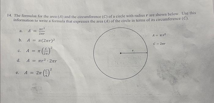 Solved 4. The formulas for the area (A) and the | Chegg.com