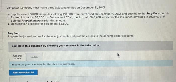 Solved Lancaster Company must make three adjusting entries | Chegg.com