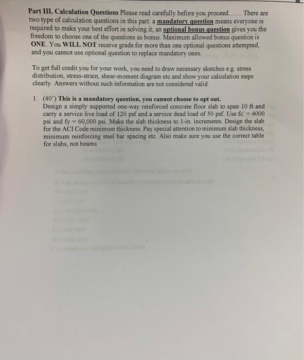Part III. Calculation Questions Please read carefully | Chegg.com