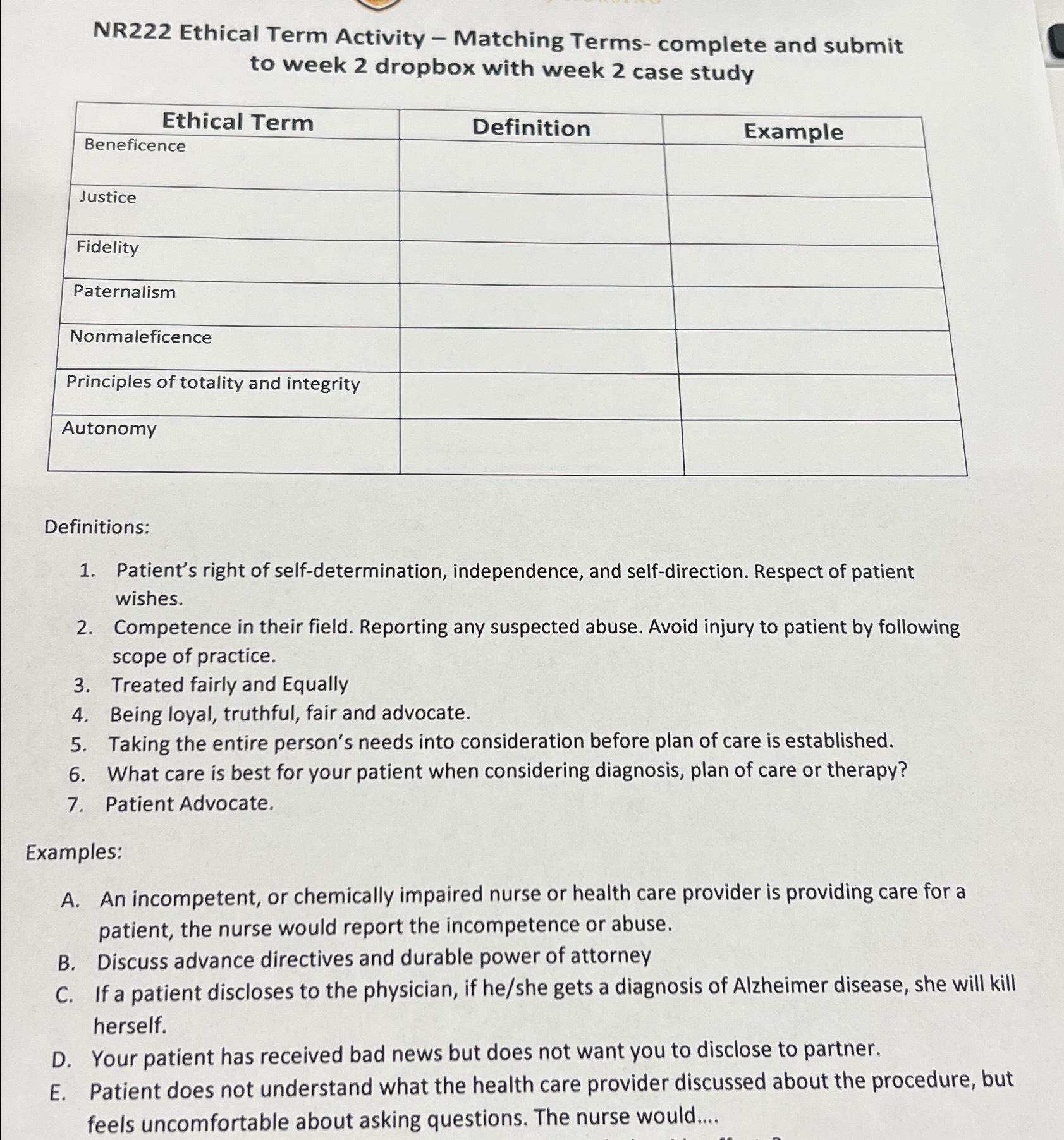 Solved NR222 ﻿Ethical Term Activity - ﻿Matching Terms- | Chegg.com