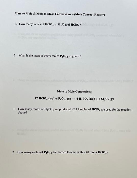 Solved Mass to Mole \& Mole to Mass Conversions - (Mole | Chegg.com
