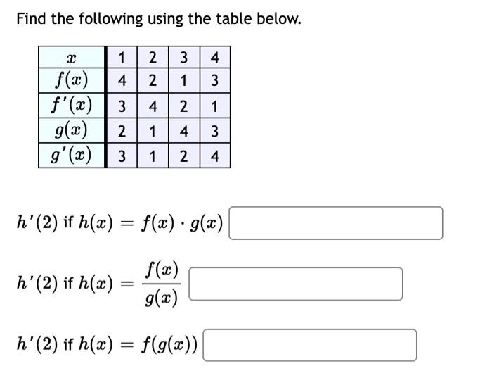 Solved Find the following using the table below. 2 3 4 1 1 2 | Chegg.com