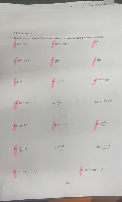 Solved 2.5. Powers of 10 Simplify using the laws of | Chegg.com