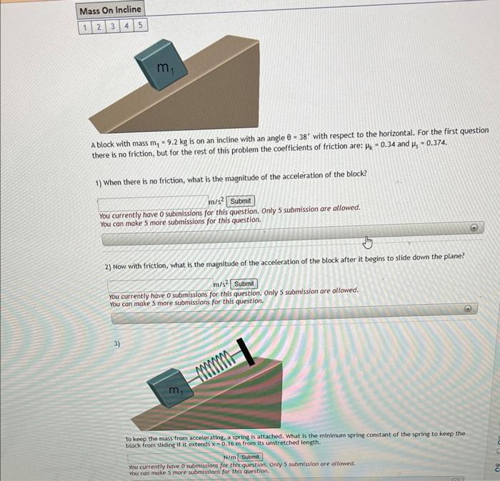 Solved A block with mass m1=9.2 kg is on an incline with an | Chegg.com