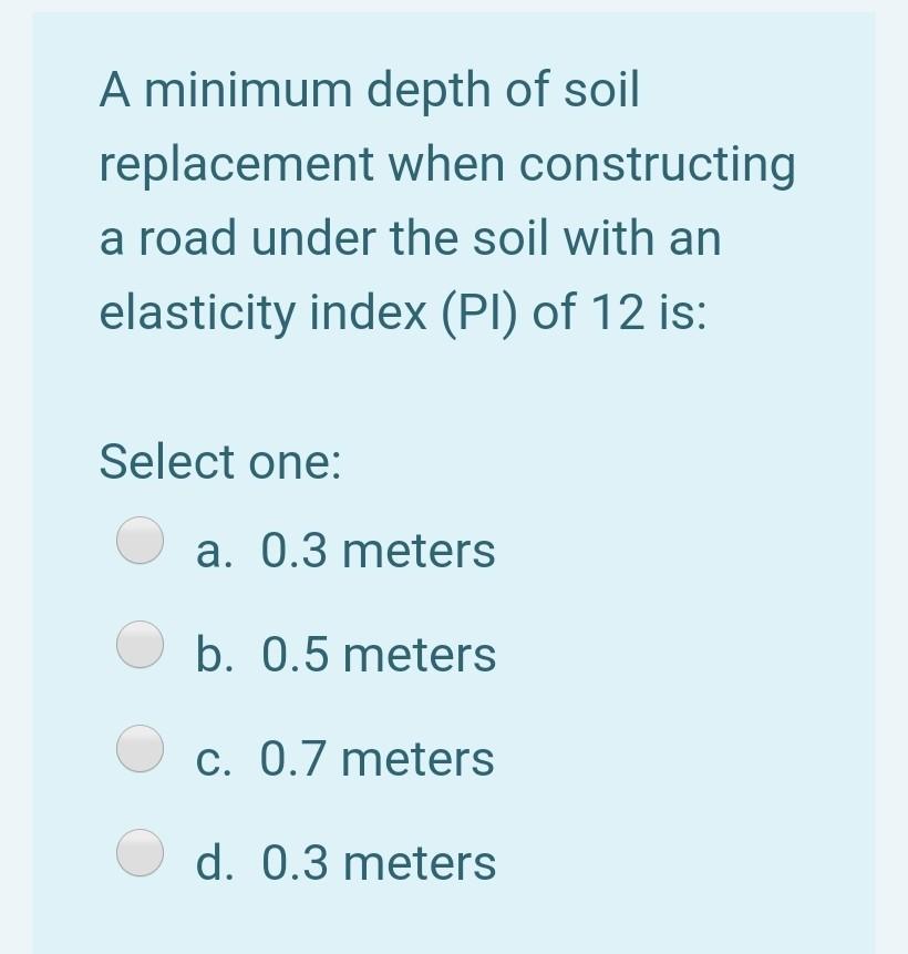 Solved A minimum depth of soil replacement when constructing | Chegg.com