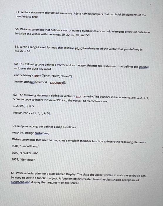Solved 54. Write a statement that defines an array object | Chegg.com