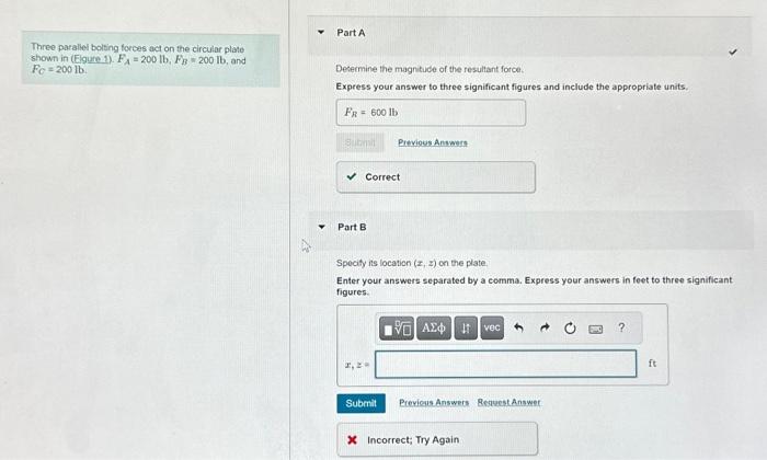 Solved Three parallel bolting forces act on the circular | Chegg.com