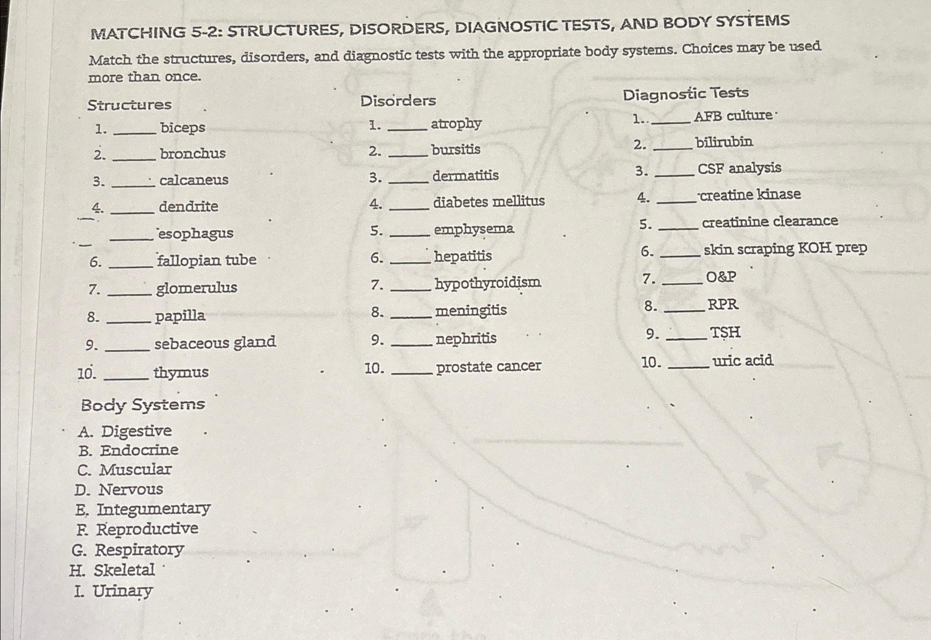 Solved MATCHING 5-2: STRUCTURES, DISORDERS, DIAGNOSTIC | Chegg.com
