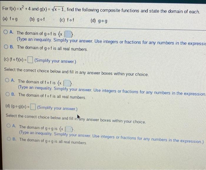 Solved For f(x) = x2 +4 and g(x) = VX-1, find the following | Chegg.com