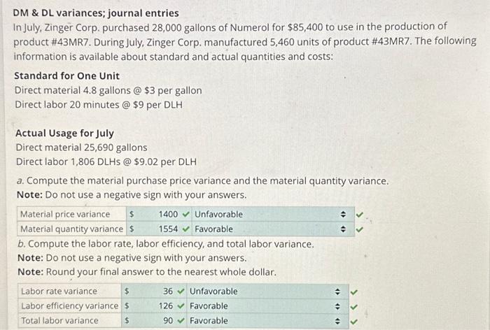 Solved DM \& DL variances; journal entries In July, Zinger | Chegg.com