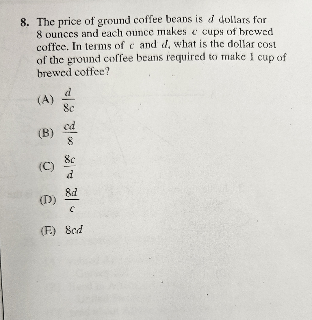 Solved The price of ground coffee beans is d ﻿dollars for 8 | Chegg.com