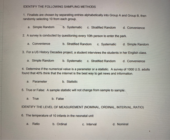 Solved IDENTIFY THE FOLLOWING SAMPLING METHODS 1. Finalists | Chegg.com