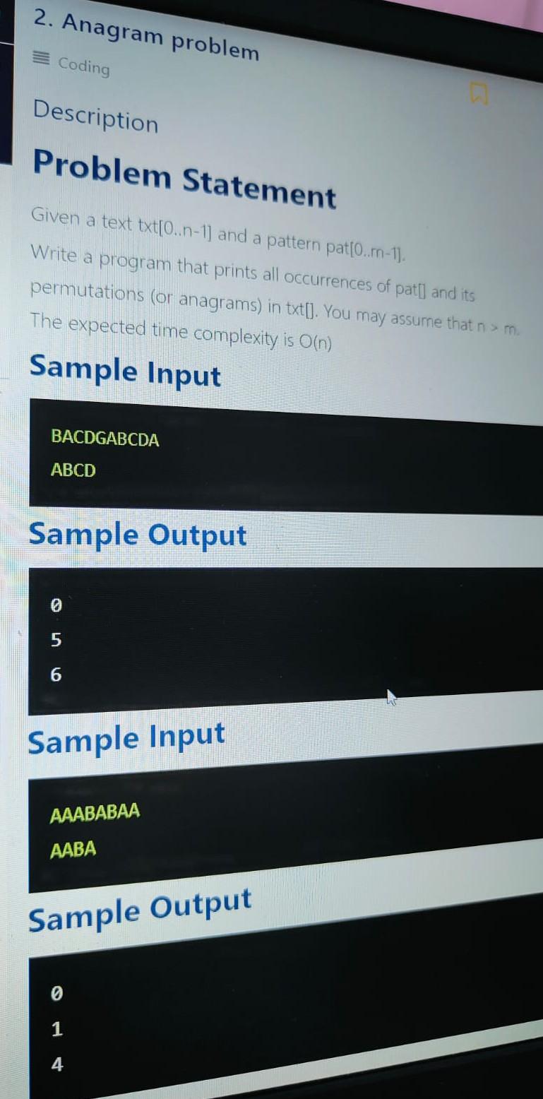Solved Problem Statement Given a text txt[0..n−1] and a | Chegg.com