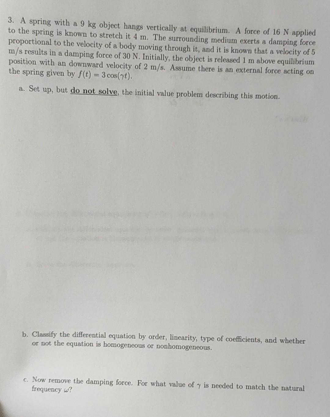 Solved 3. A spring with a 9 kg object hangs vertically at | Chegg.com