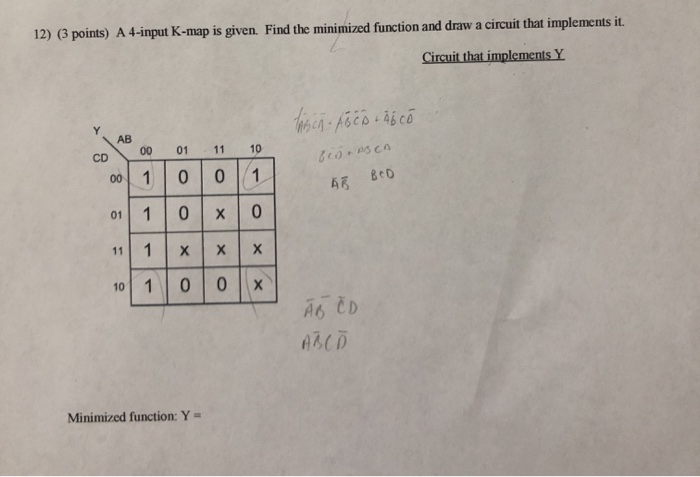 Solved 12) (3 points) A 4-input K-map is given. Find the | Chegg.com