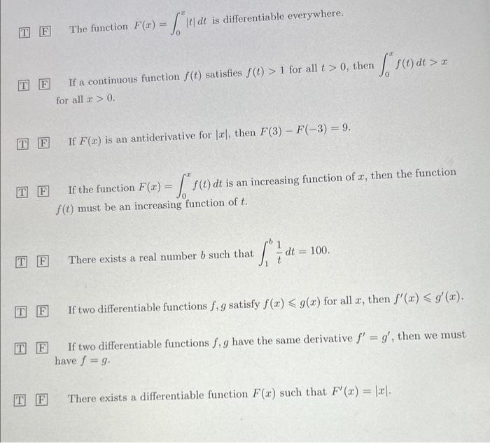 Solved [E] The function F(x)=∫0x∣t∣dt is differentiable | Chegg.com