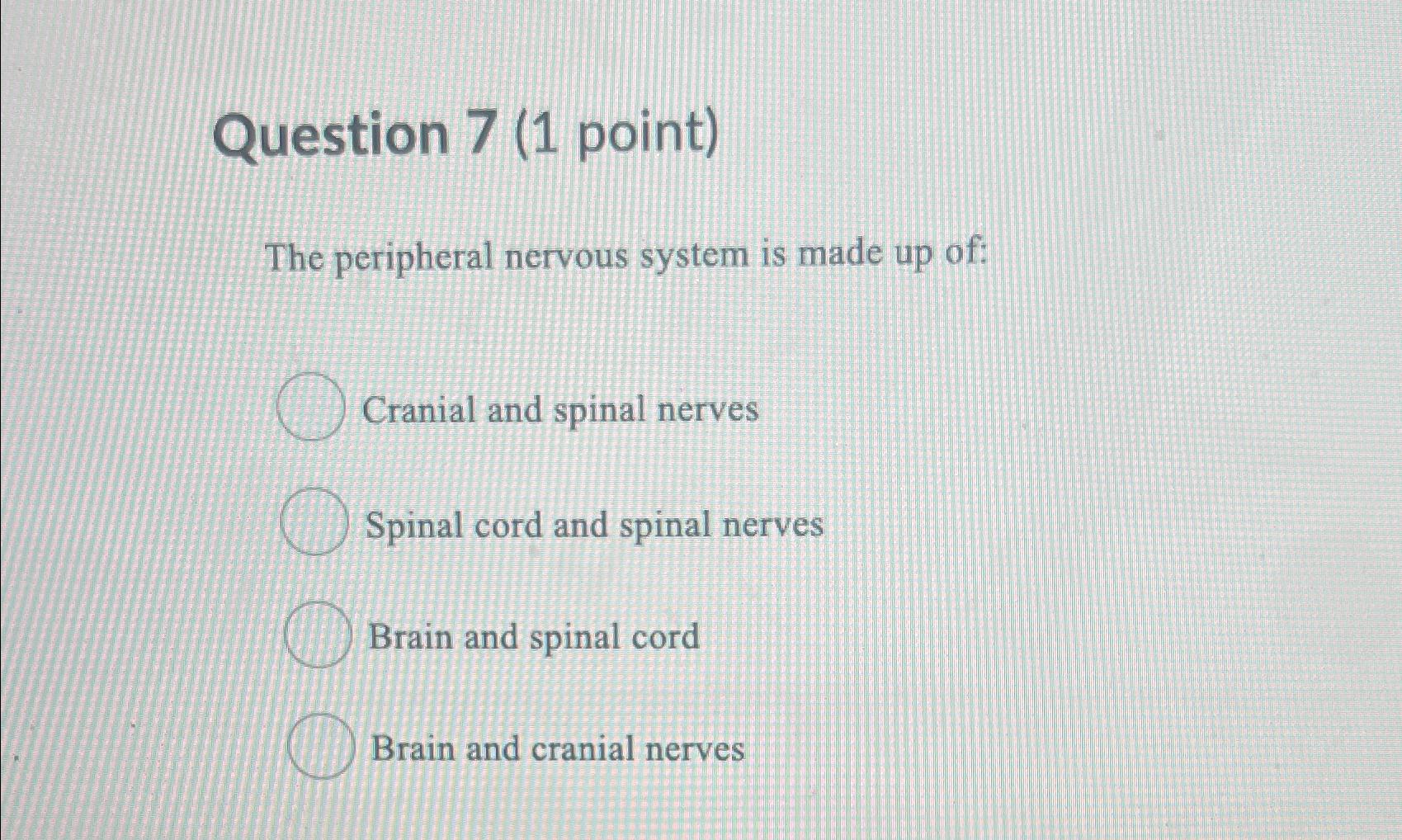 Solved Question 7 (1 ﻿point)The peripheral nervous system is | Chegg.com
