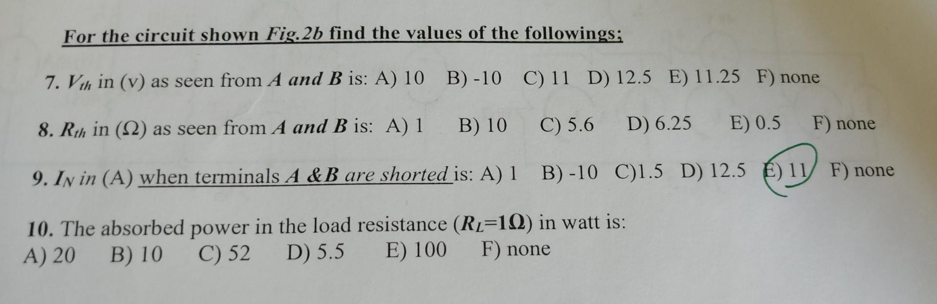 Solved For the circuit shown Fig. 2b find the values of the | Chegg.com