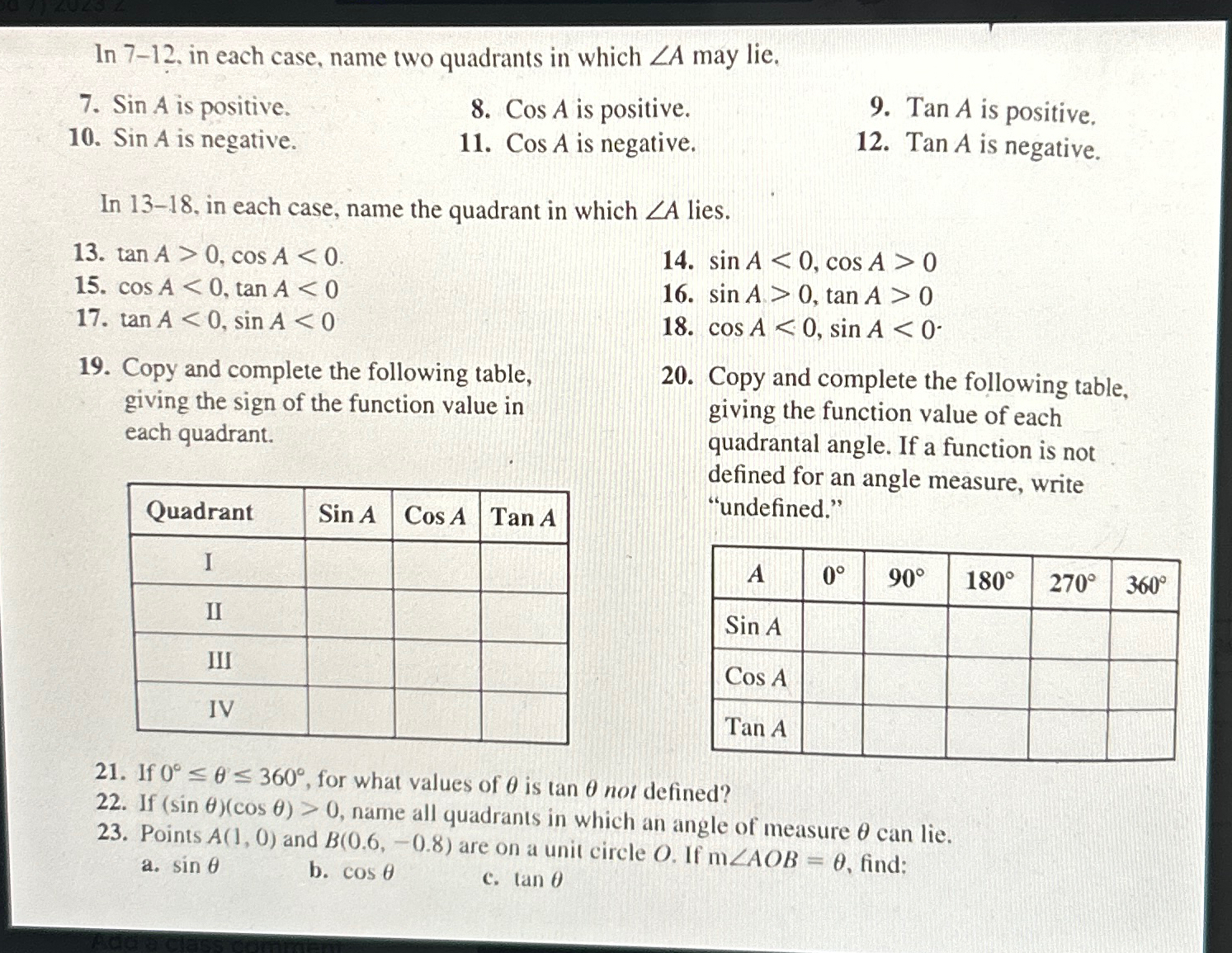 Solved In 7-12, ﻿in each case, name two quadrants in which | Chegg.com