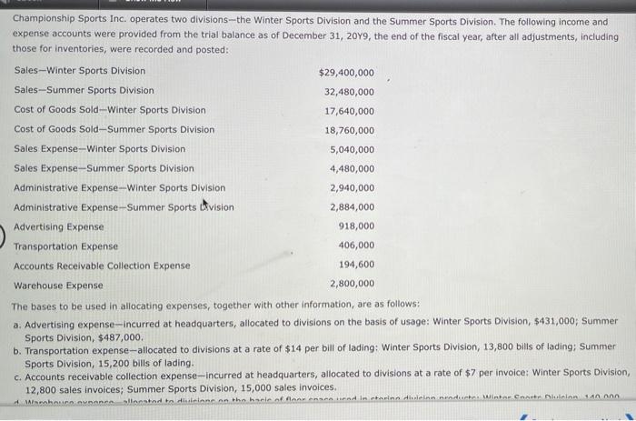 Solved Championship Sports Inc. operates two divisions--the | Chegg.com