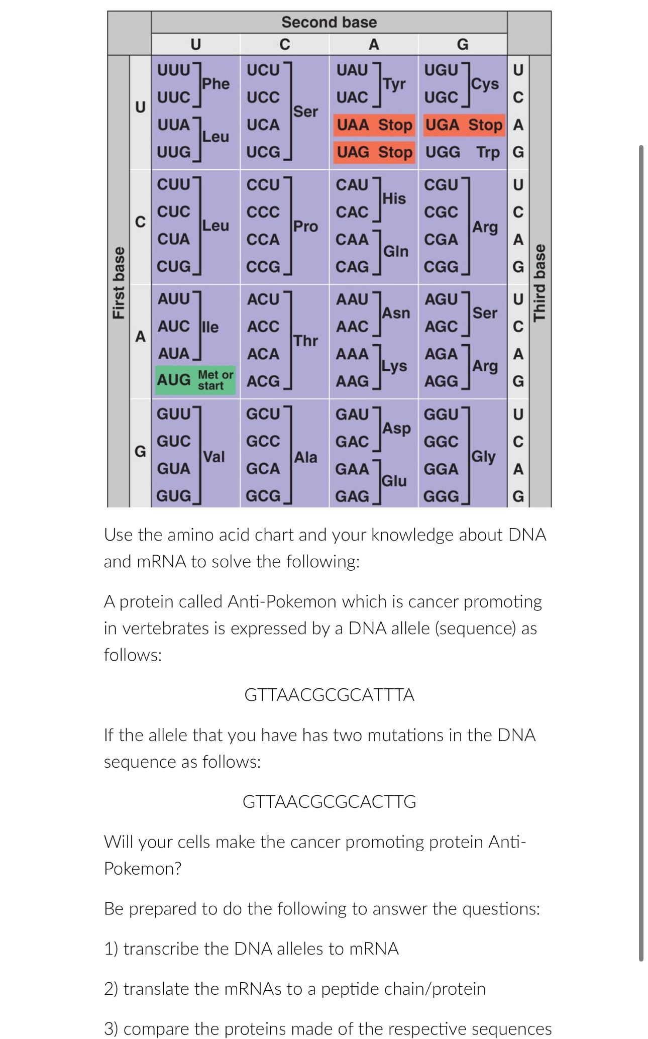 Solved Use the amino acid chart and your knowledge about DNA | Chegg.com