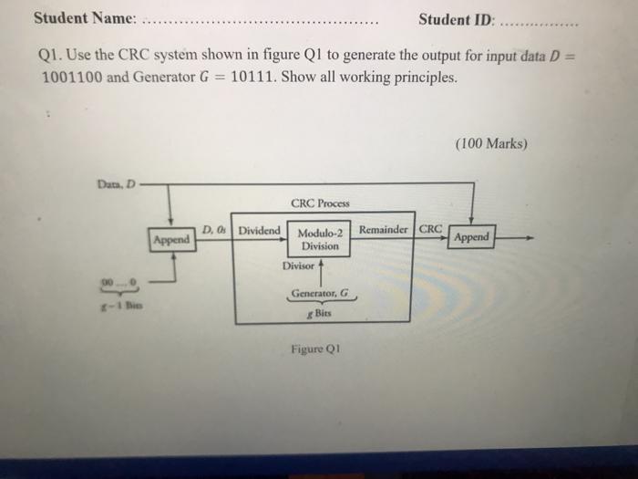 Solved Student Name: Student ID: ........ Q1. Use the CRC | Chegg.com