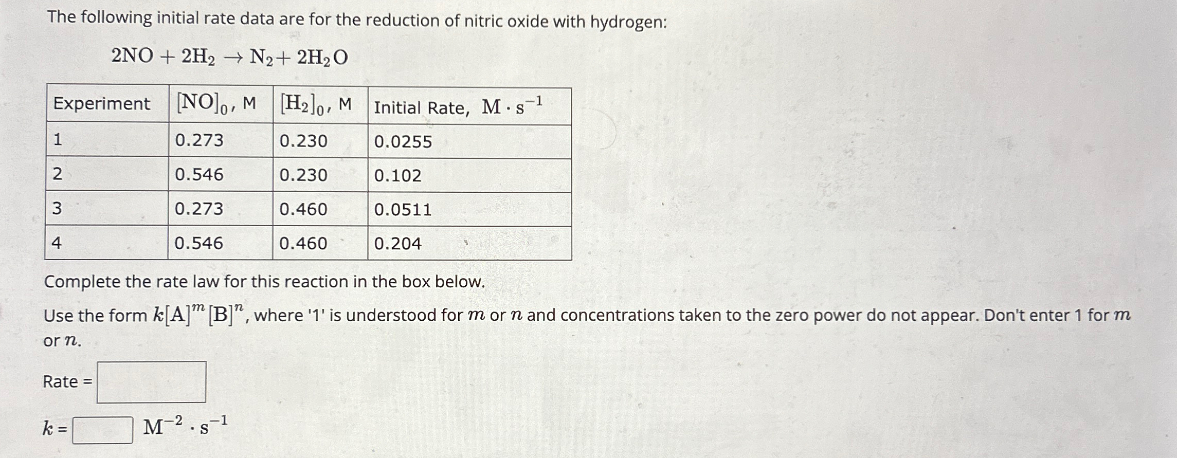 Solved The following initial rate data are for the reduction | Chegg.com