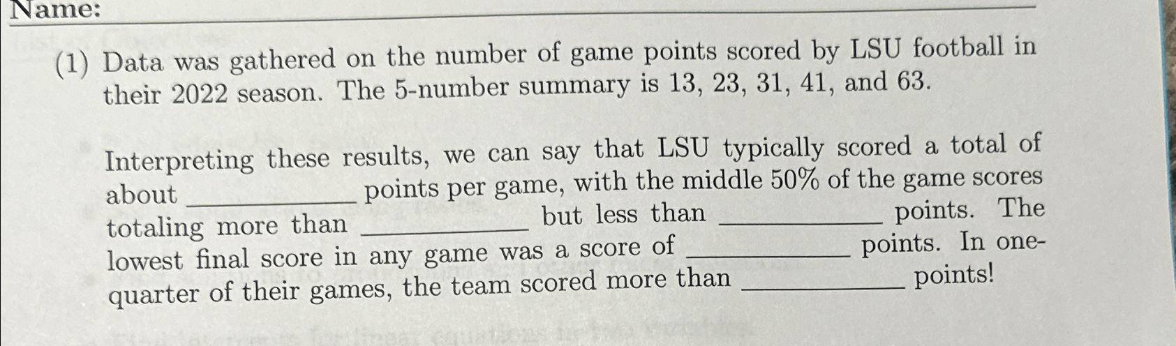 Solved (1) ﻿Data was gathered on the number of game points | Chegg.com