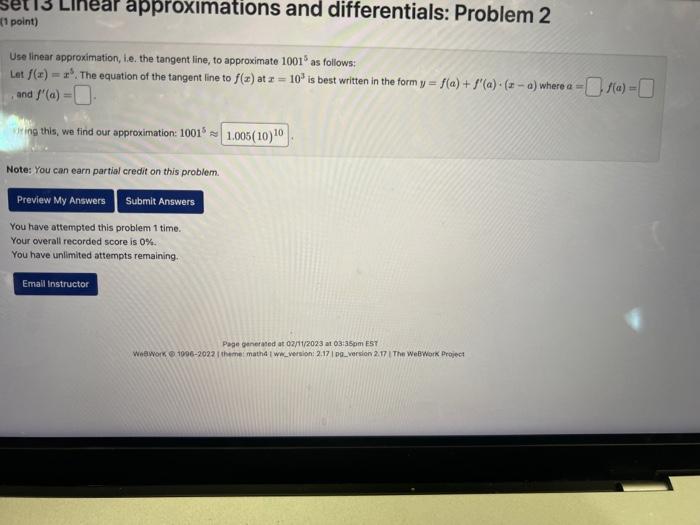 Solved 1 point) Use linear approximation, i.e. the tangent | Chegg.com