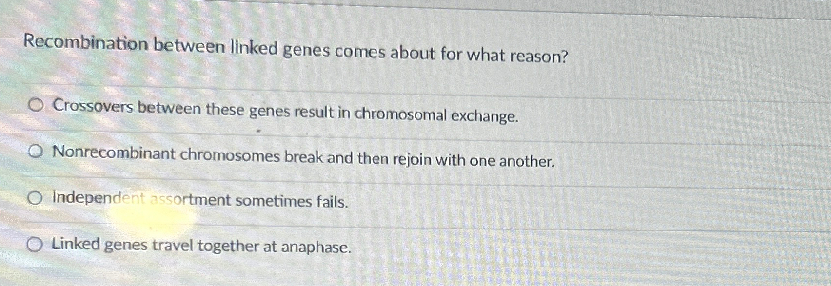 Solved Recombination between linked genes comes about for | Chegg.com