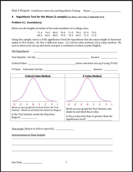 Solved Unit 3 Project: Confidence Intervals and Hypothesis | Chegg.com