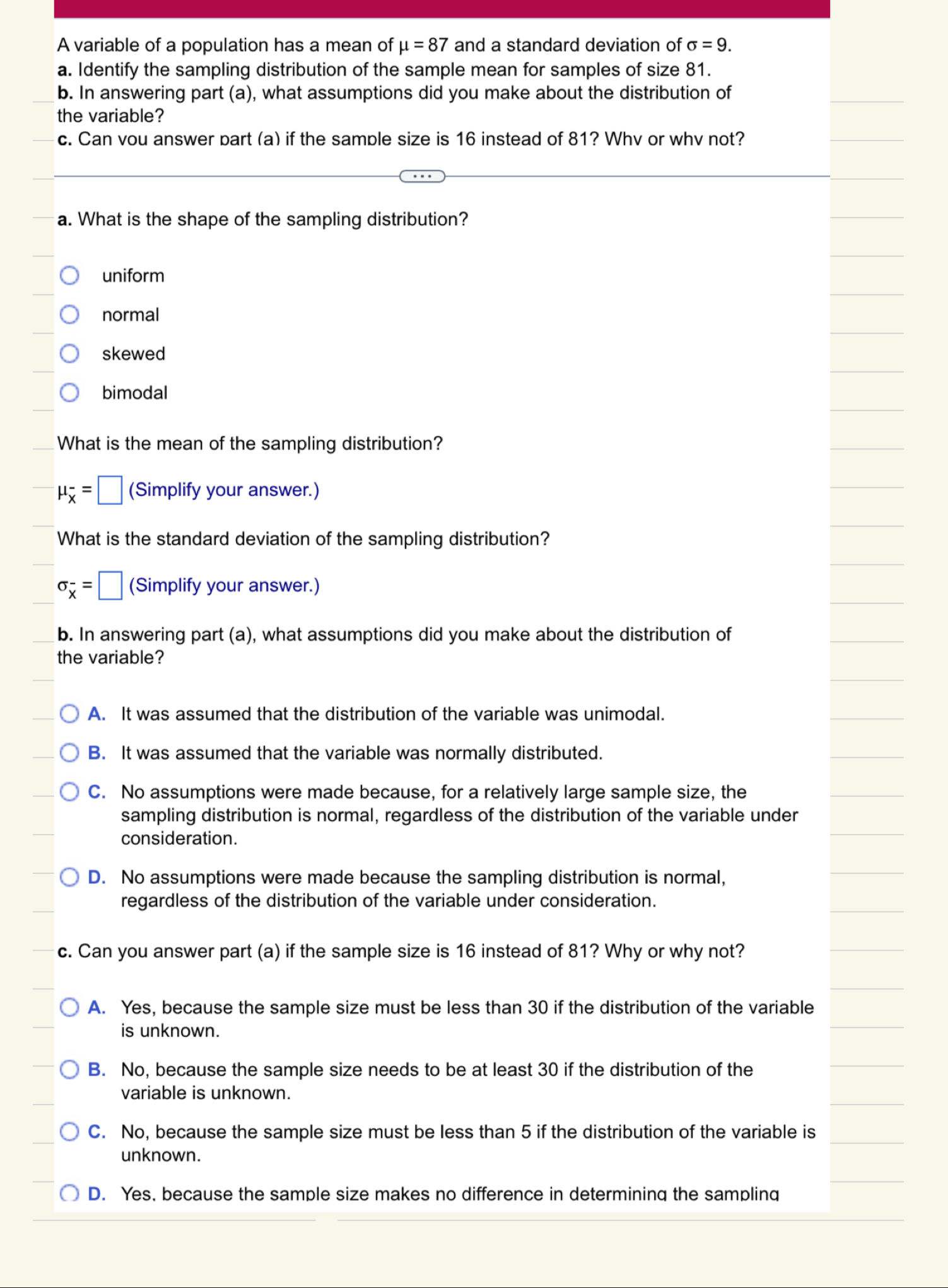 Solved A variable of a population has a mean of μ=87 ﻿and a | Chegg.com
