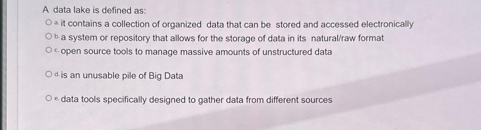 Solved A data lake is defined as:a. ﻿it contains a | Chegg.com