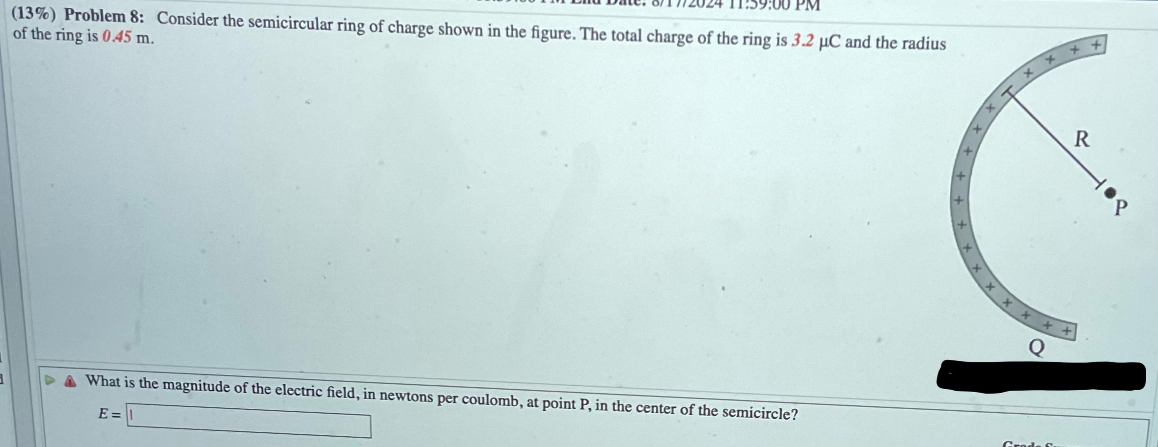 Solved (13%) ﻿Problem 8: Consider the semicircular ring of | Chegg.com