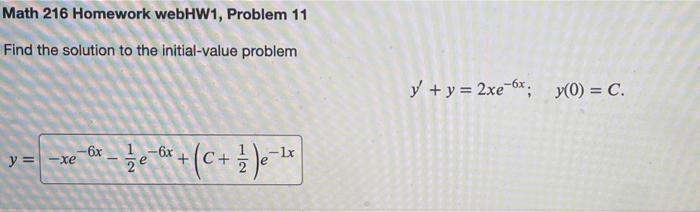 Solved Math 216 Homework webHW1, Problem 11 Find the | Chegg.com