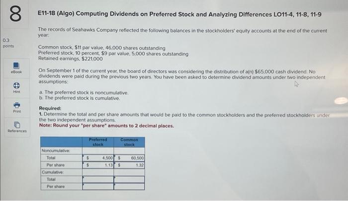 Solved E11-18 (Algo) Computing Dividends on Preferred Stock | Chegg.com