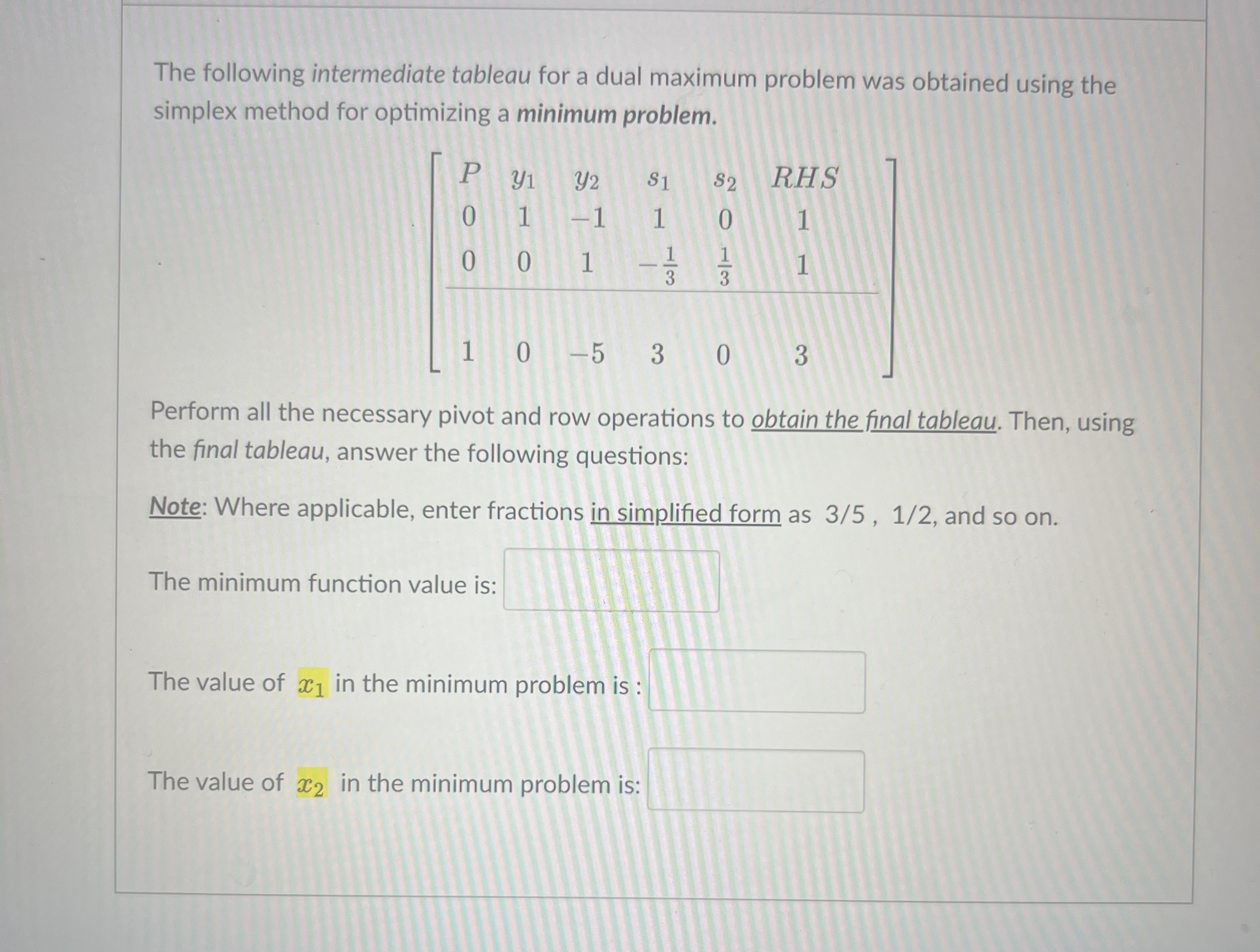 Solved The following intermediate tableau for a dual maximum | Chegg.com