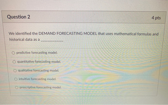 Solved Question 2 4 pts We identified the DEMAND FORECASTING | Chegg.com