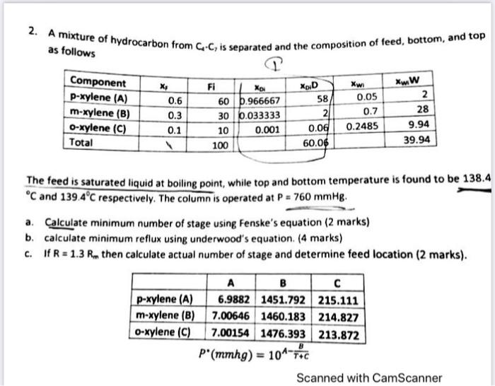Solved 2. A mixture of hydrocarbon from C1⋅C2 is separated | Chegg.com