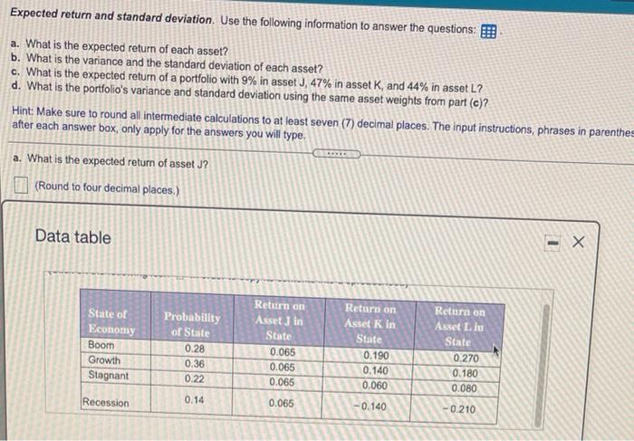 Solved Expected return and standard deviation. Use the | Chegg.com