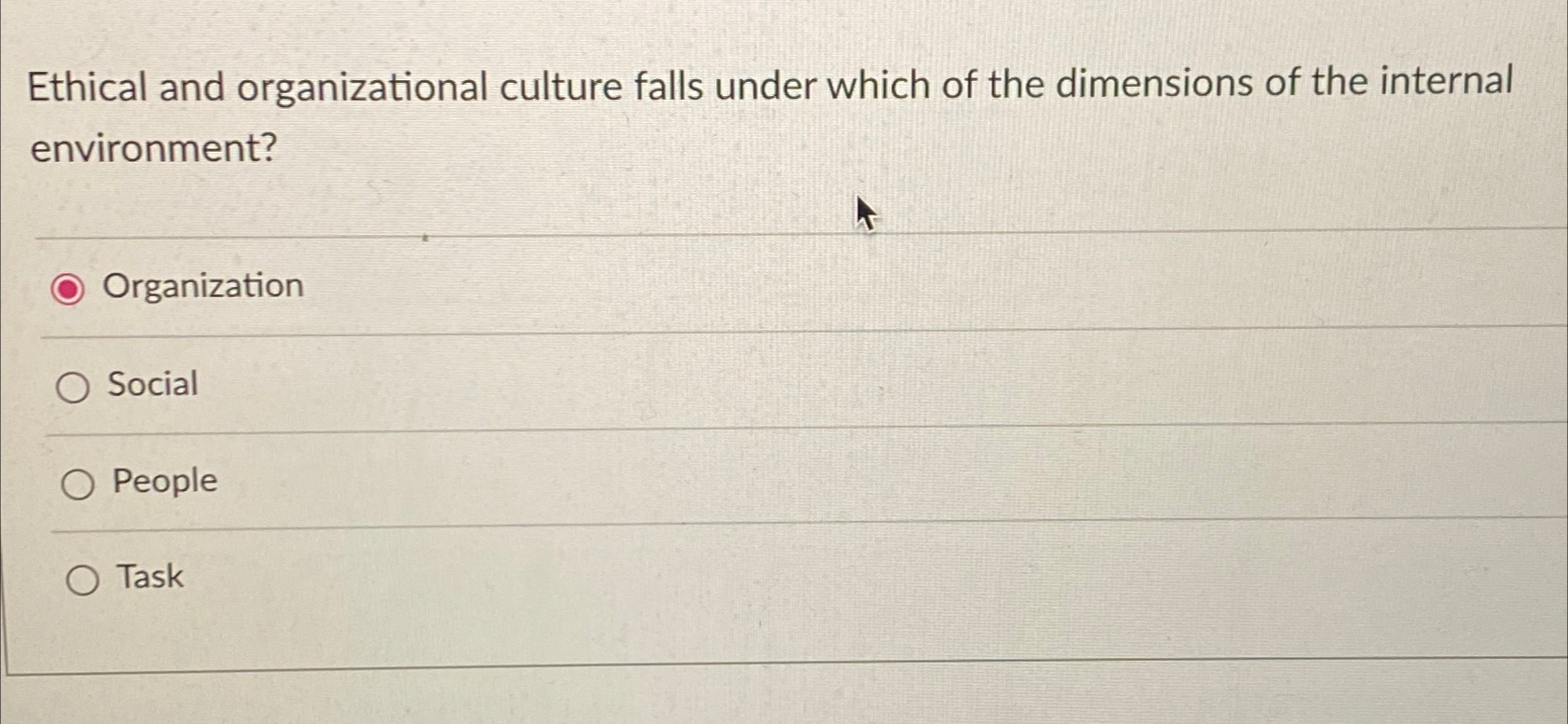 Solved Ethical and organizational culture falls under which | Chegg.com