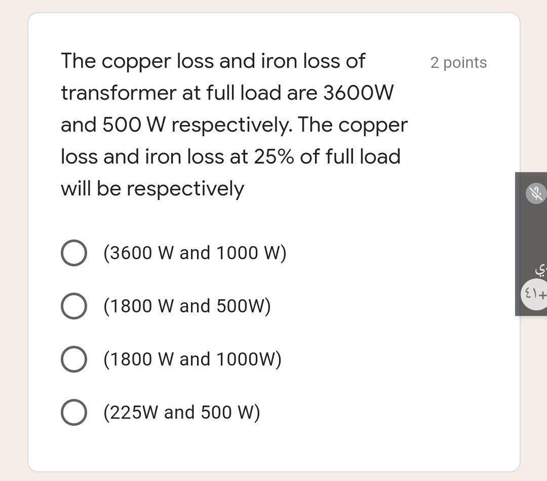 Solved 2 points The copper loss and iron loss of transformer | Chegg.com