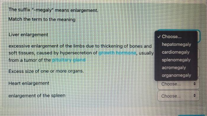 Solved The suffix "-megaly" means enlargement. Match the | Chegg.com