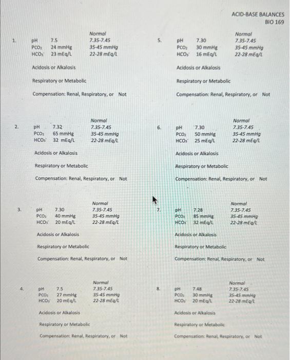 Solved ACID-BASE BALANCES BIO 169 | Chegg.com