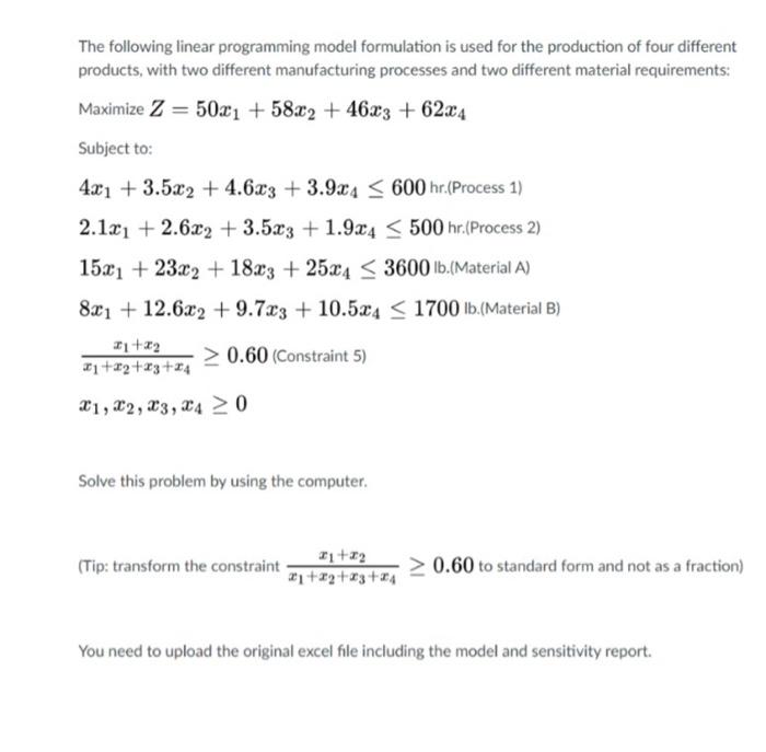 Solved The following linear programming model formulation is | Chegg.com