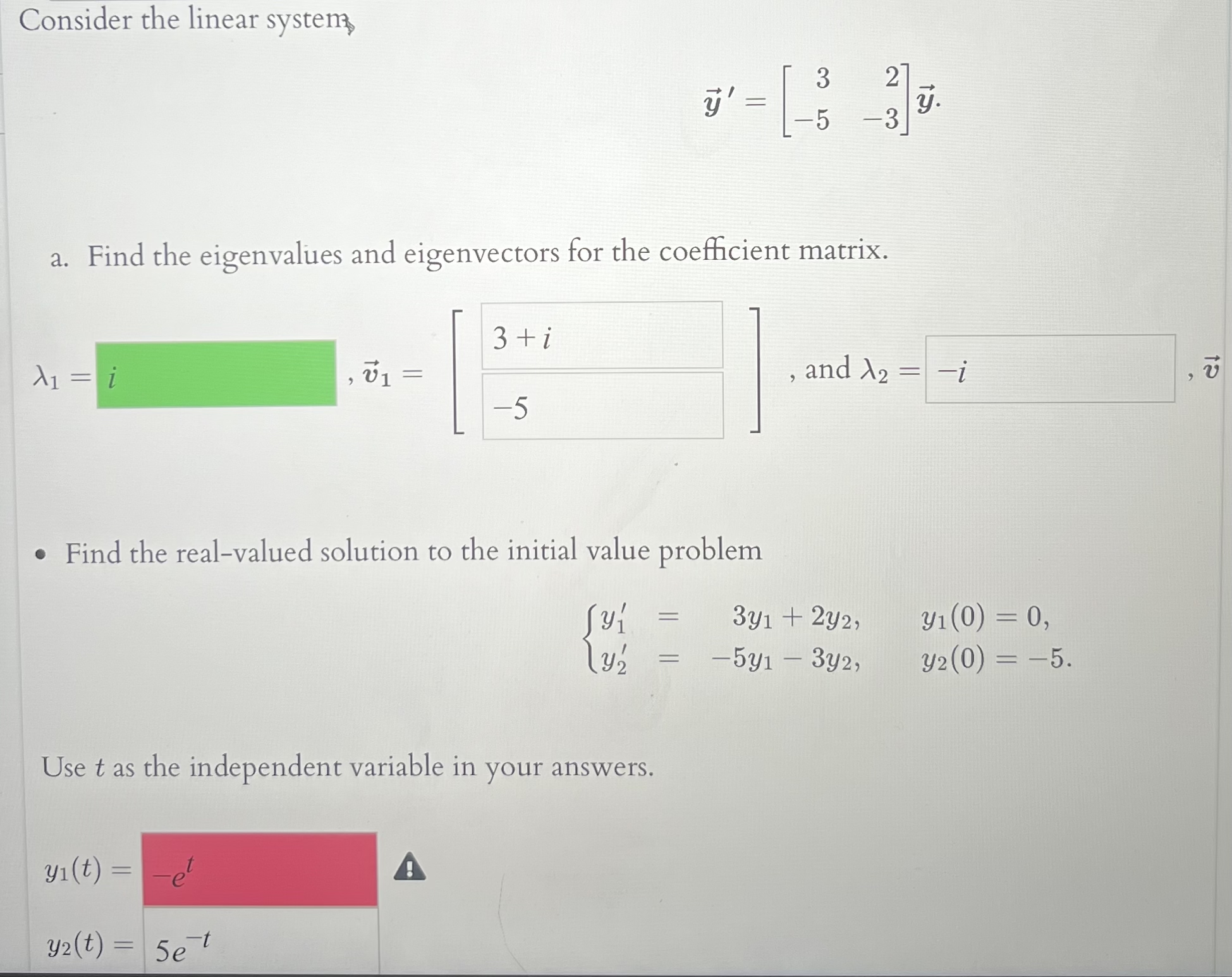 Solved Consider the linear systemvec(y)'=[32-5-3]vec(y).a. | Chegg.com