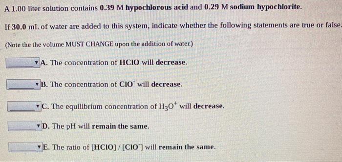 Solved A 1.00 liter solution contains 0.39 M hypochlorous | Chegg.com