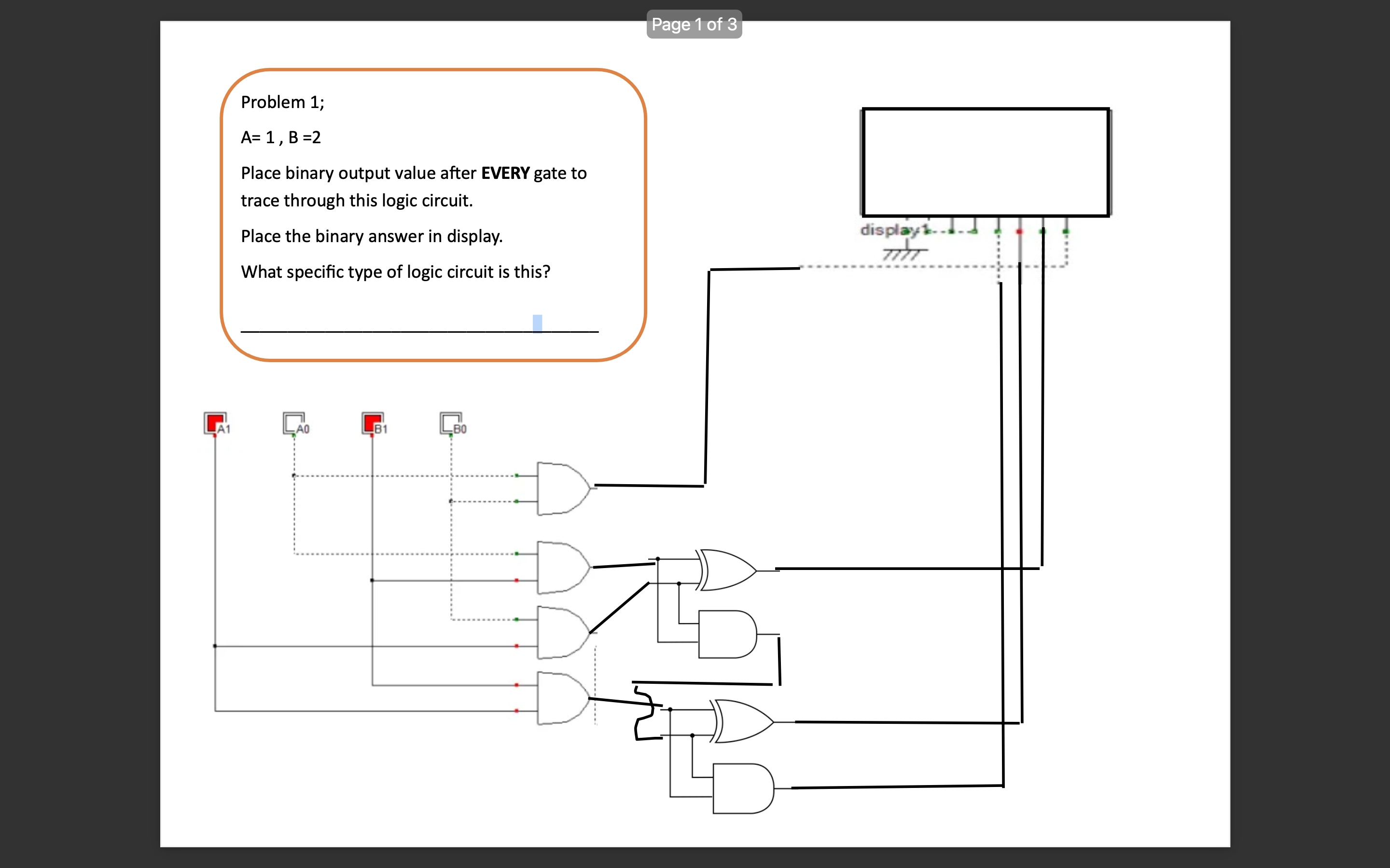 Problem 2;Page 1 ﻿of 3Problem 1;A=1,B=2Place binary | Chegg.com