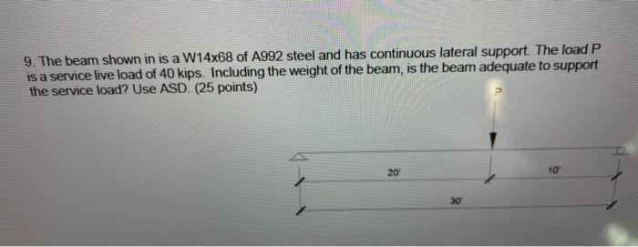Solved 9. The beam shown in is a W14x68 of A992 steel and | Chegg.com