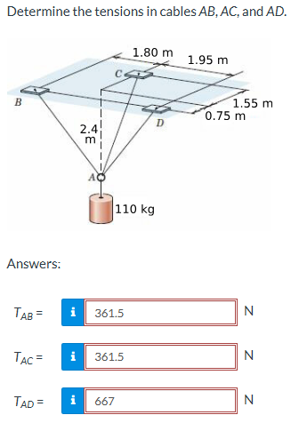 Solved Determine the tensions in ﻿cables AB,AC, ﻿and | Chegg.com